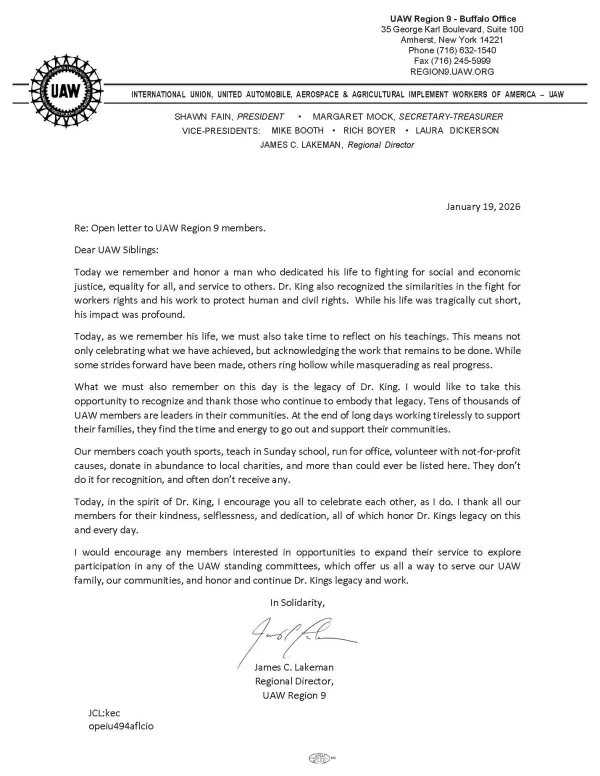 Please see the attached Open Letter from Director Lakeman. | UAW Region 9